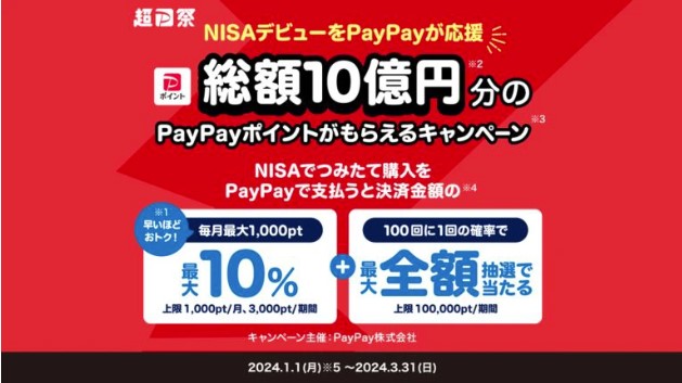 PayPay、NISAでつみたて購入をした人に総額10億円分のPayPayポイントを付与するキャンペーンを実施 2024年1月1日から (2023年12月12日) - エキサイトニュース