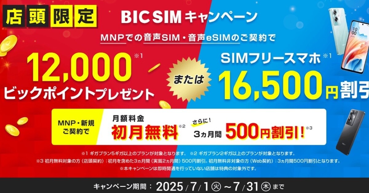 BIC SIMの店頭申込みでSIMフリースマホ16,500円割引または12,000ポイント還元 (2025年7月2日) - エキサイトニュース