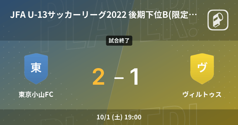 【JFA U-13サッカーリーグ 下位B(限定公開)10/1】東京小山FCがヴィルトゥスとの攻防の末、勝利を掴み取る (2022年10月1日) - エキサイトニュース