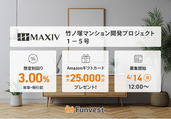 貸付型クラウドファンディング「Funvest」4/14より新ファンド「MAXIV 竹ノ塚マンション開発プロジェクト1-5号」の募集開始 (2025年4月10日) - エキサイトニュース