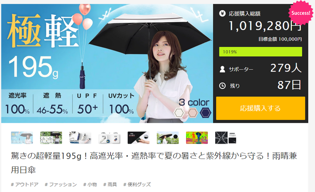 【100万円突破！】「驚きの超軽量195g！高遮光率・遮熱率で夏の暑さと紫外線から守る！雨晴兼用日傘」がMAKUAKEにて公開しました！ (2023年4月22日) - エキサイトニュース
