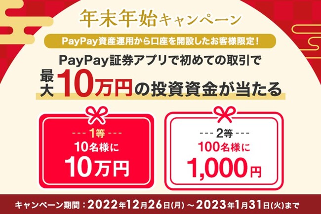 「PayPay証券アプリ、初めての取引で最大10万円の投資資金が当たる！年末年始キャンペーン」開催 (2022年12月26日) - エキサイトニュース