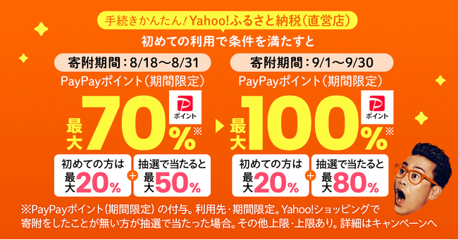 【Yahoo!ショッピング】手続き簡単な「Yahoo!ふるさと納税（直営店）」の初回利用で、条件を満たすと最大70％のPayPayポイントが戻ってくるキャンペーンを本日より実施 (2025年8 ...