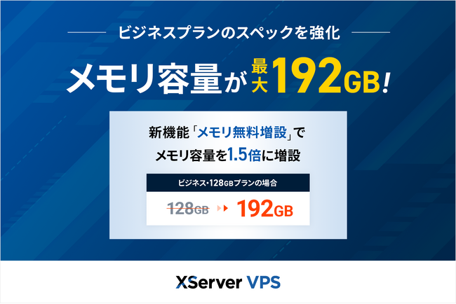 サーバー性能・コスパNo.1の『XServer VPS』、法人向けプランにおいてもスペックを大幅強化し、メモリ容量が1.5倍の最大192GBに拡大！さらに圧倒的なサーバー環境へ (2025年3 ...
