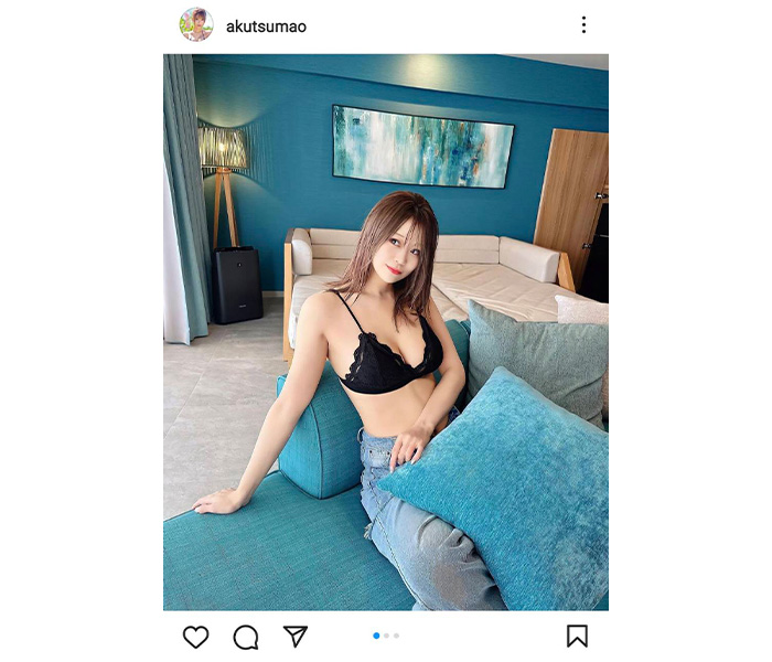 阿久津真央、黒ブラ1枚で豊満ボディを披露「エロかわかっこよ!」「ほんまに好き」とファン歓喜 2023年5月22日 エキサイトニュース